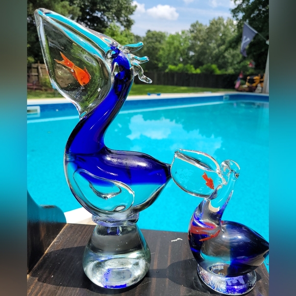 Art | 2 Hand Blown Murano Glass Pelican Figurines Swallowing Goldfish ...